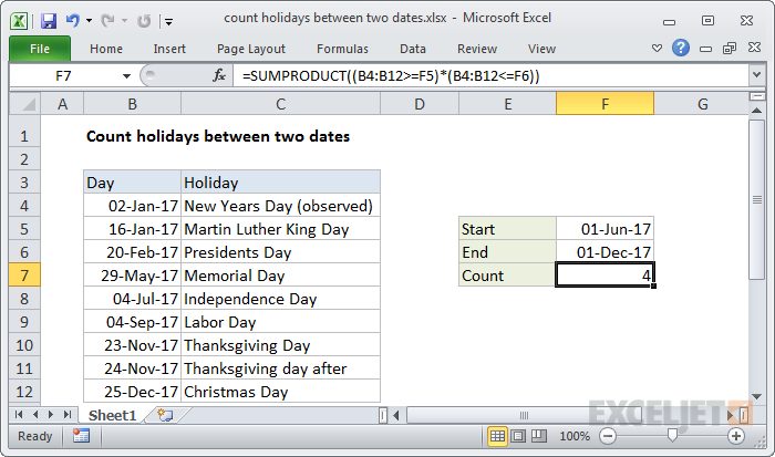 Excel Formula Count Holidays Between Two Dates Exceljet